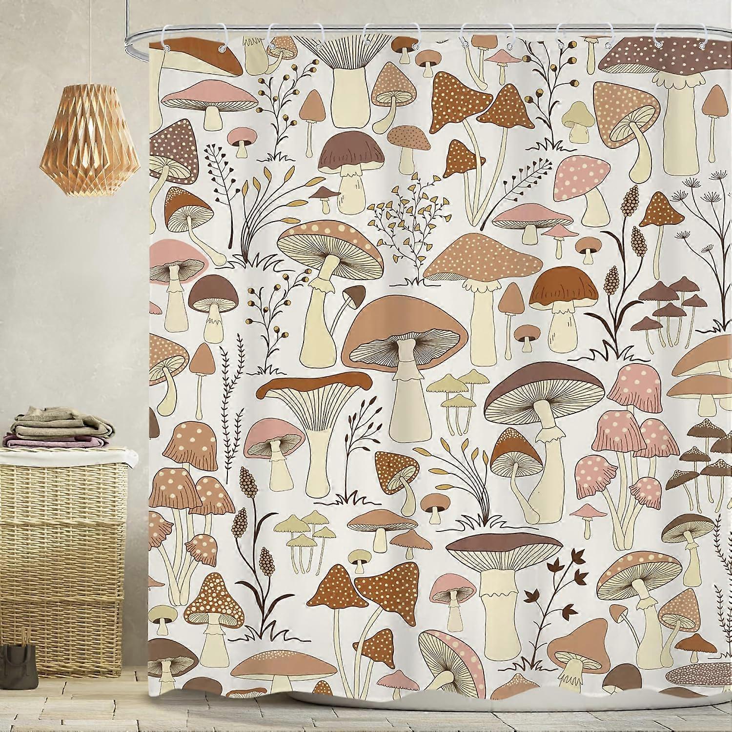 Vintage Mushroom Shower Curtain 72Wx72H Inch Retro Plant Boho 60s 70s Abstract Botanical Leaves ...