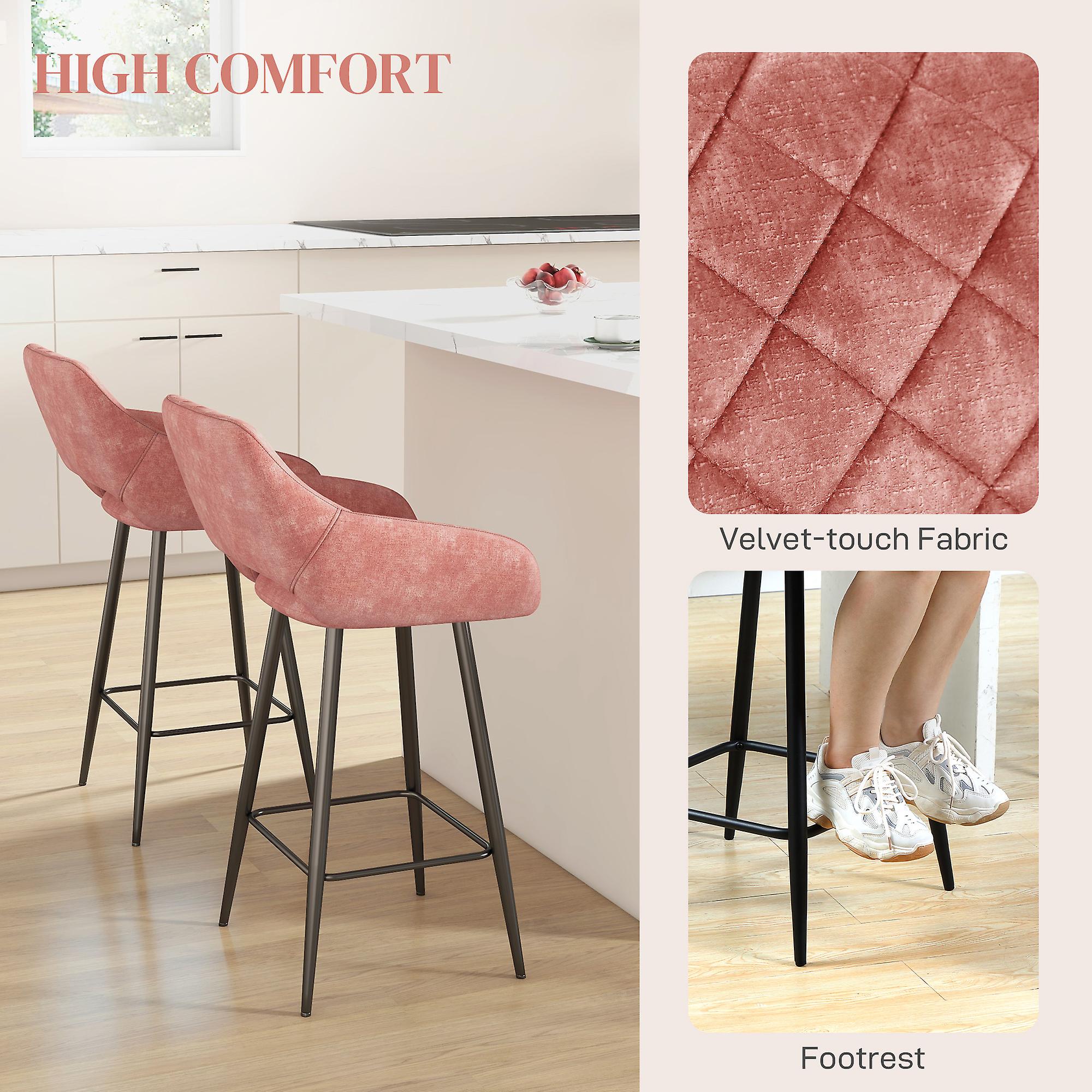 HOMCOM Bar Stools Set of 2, Velvet-Touch Fabric Counter Height Bar ...