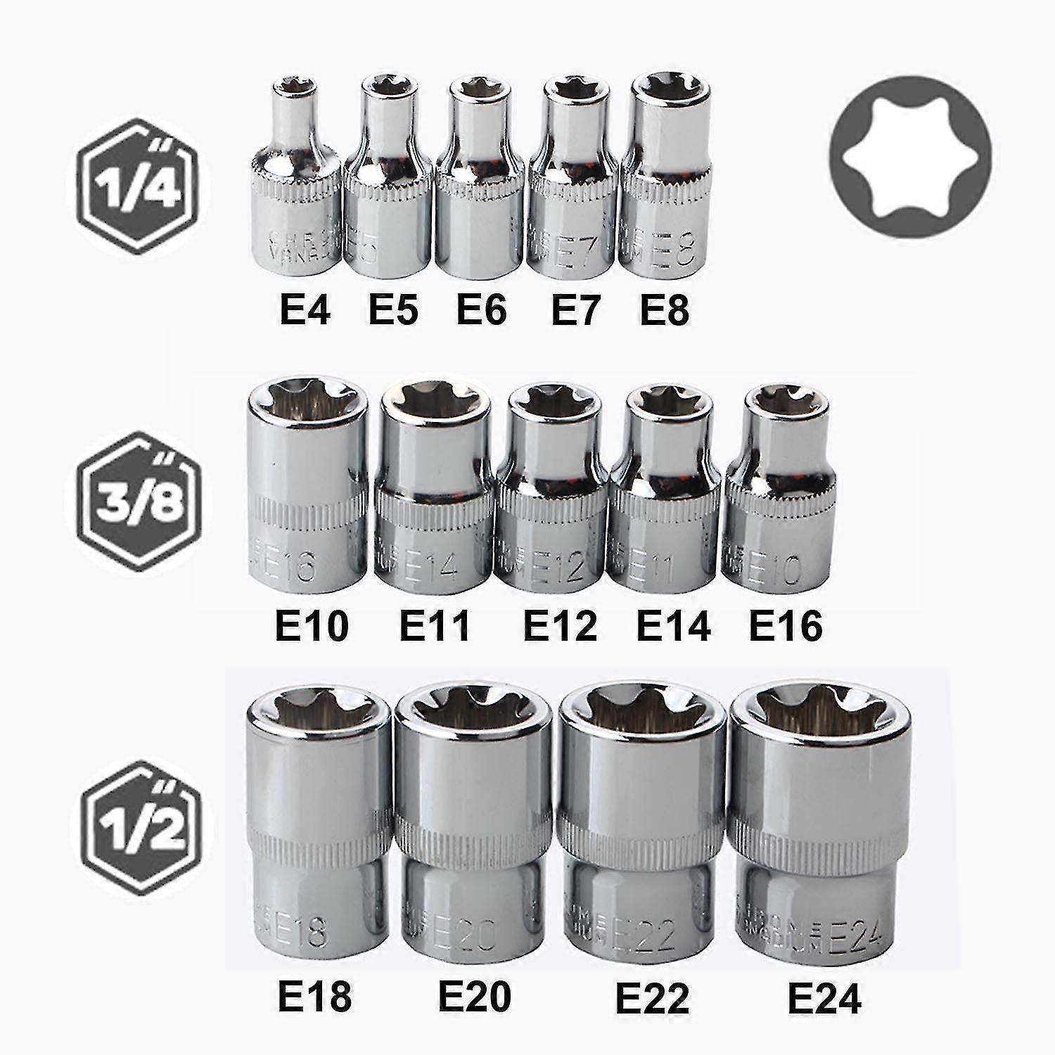 Female E Star Torx Socket Set E4-e24 E-torx External Hex Socket Insert ...