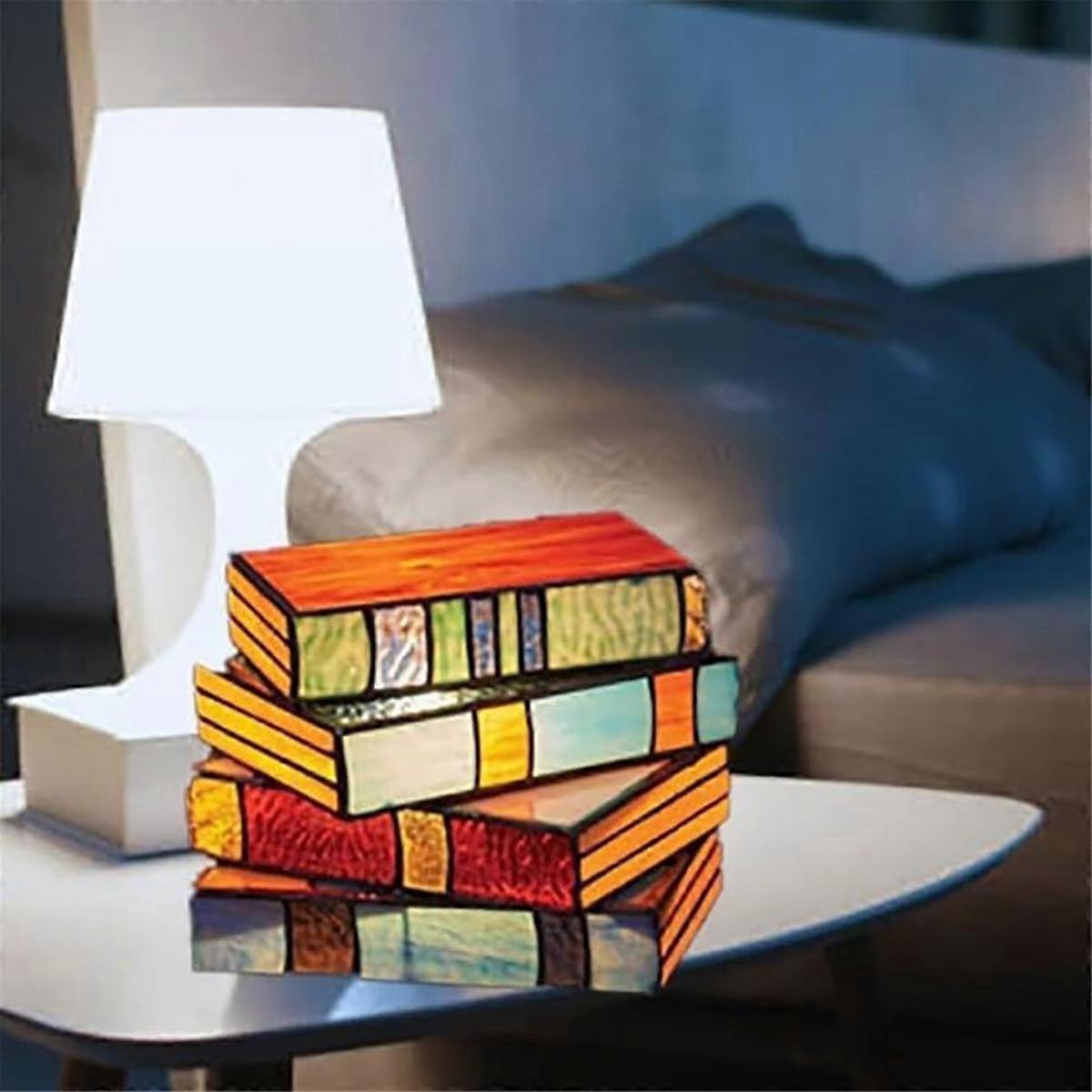 Stained Glass Stacked Books Lamp, Stacked Books Glass Lamp, LED Book ...