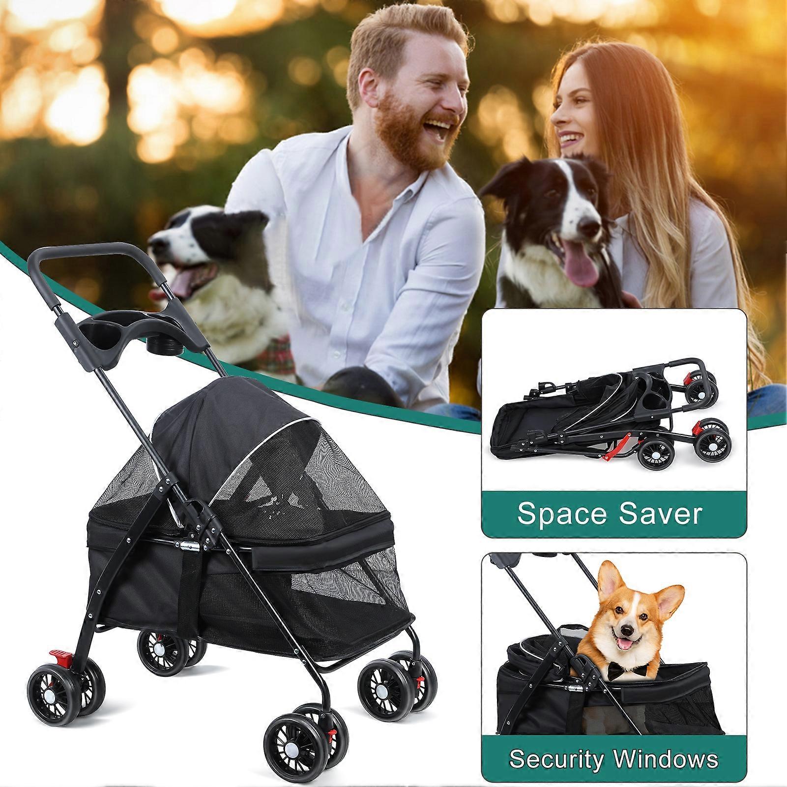 4 Wheels Dog Stroller, Outdoor Travel Pet Folding Stroller, Dog Cat ...