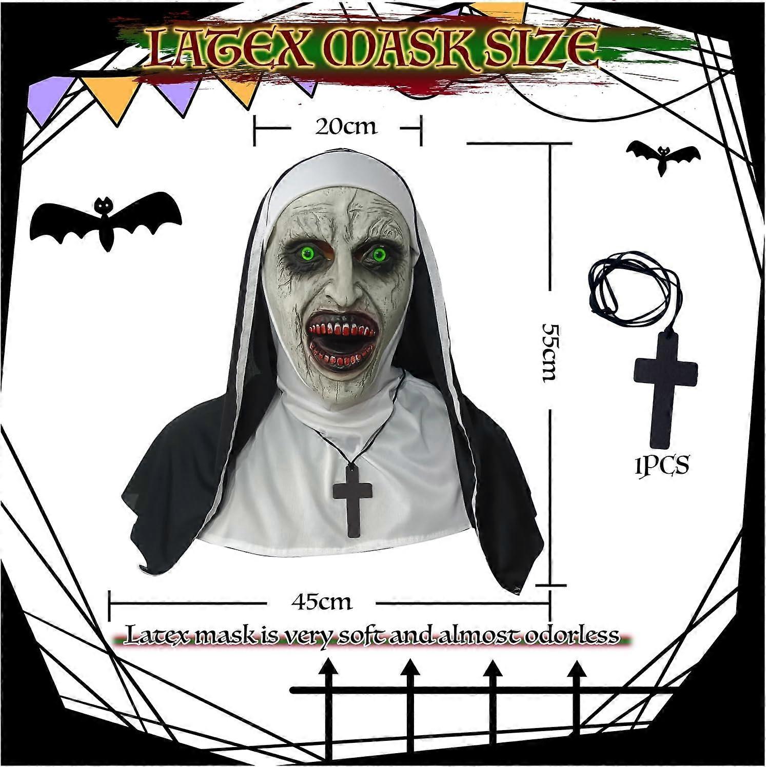Halloween Mask Horror Nuns Mask, Scary Nun Mask with Headscarf, Latex ...