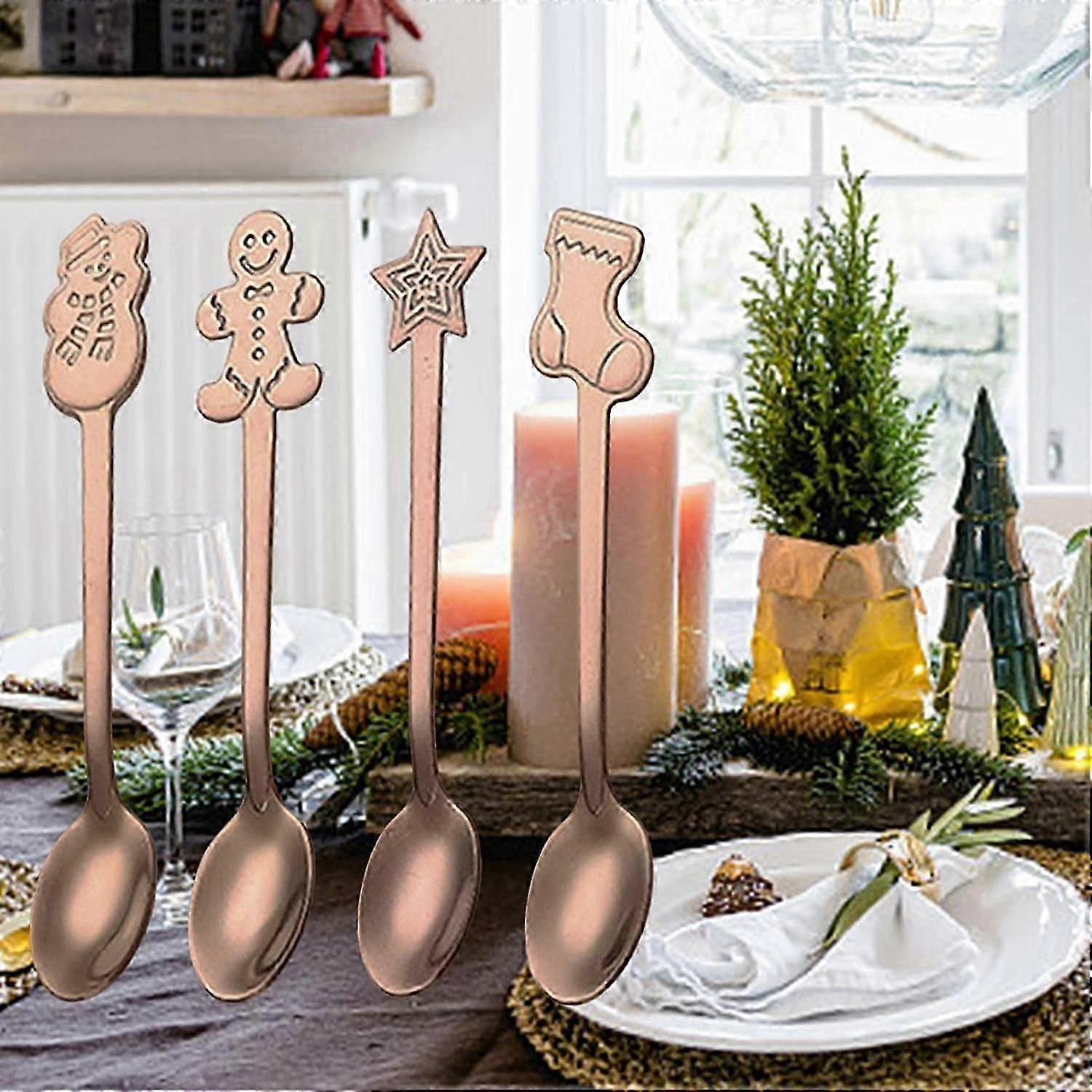 4 PCS Coffee Christmas Stainless Steel Dessert Mixed Spoon, Rose Gold ...