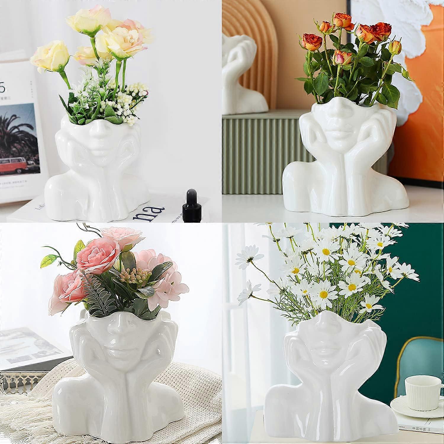 White Ceramic Face Vase, Female Form Head Half Body Bust Vases Boho ...