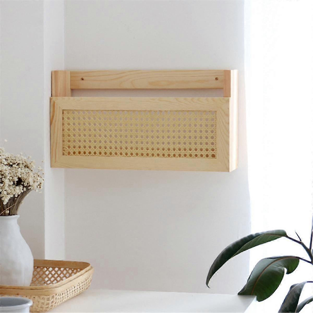 Wooden Magazine Wall Rack with Rattan File Holder Hanging File Rattan ...