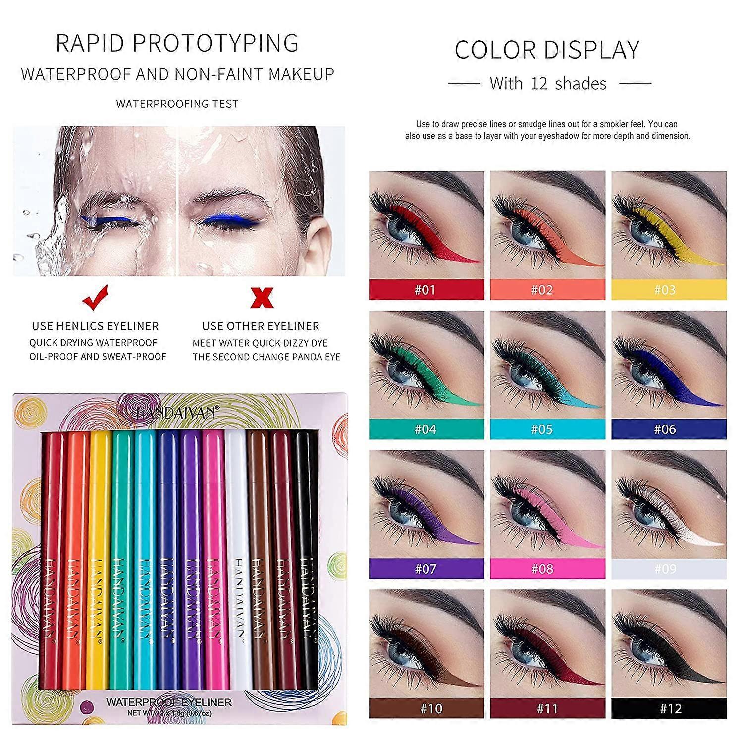 12PCS Matte Rainbow Colorful Liquid Eyeliner Set, 12 Colors Soft and ...