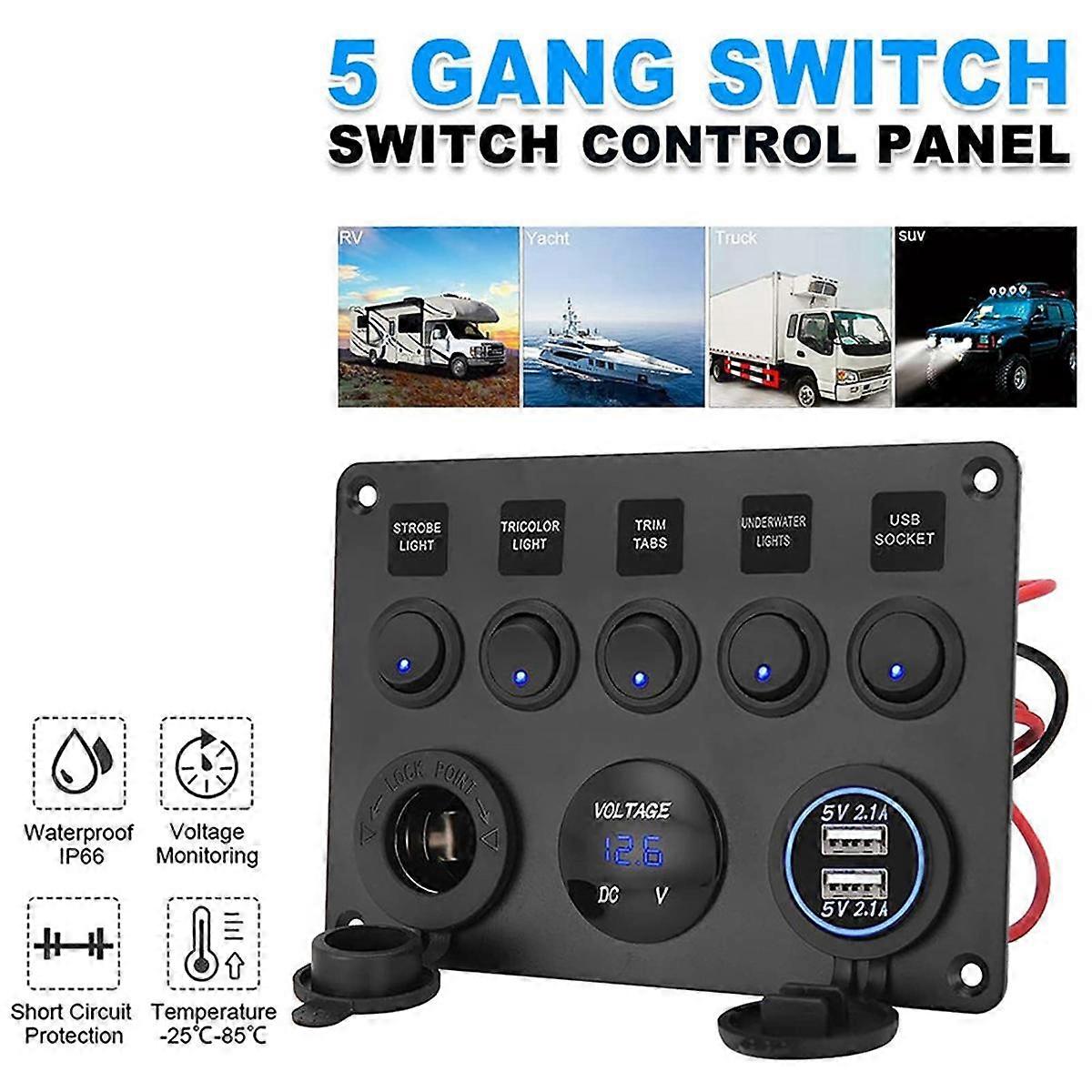 5 Gang Switch Panel, 12V/24V Inline Fuse Box LED Switch Panel Dual USB ...