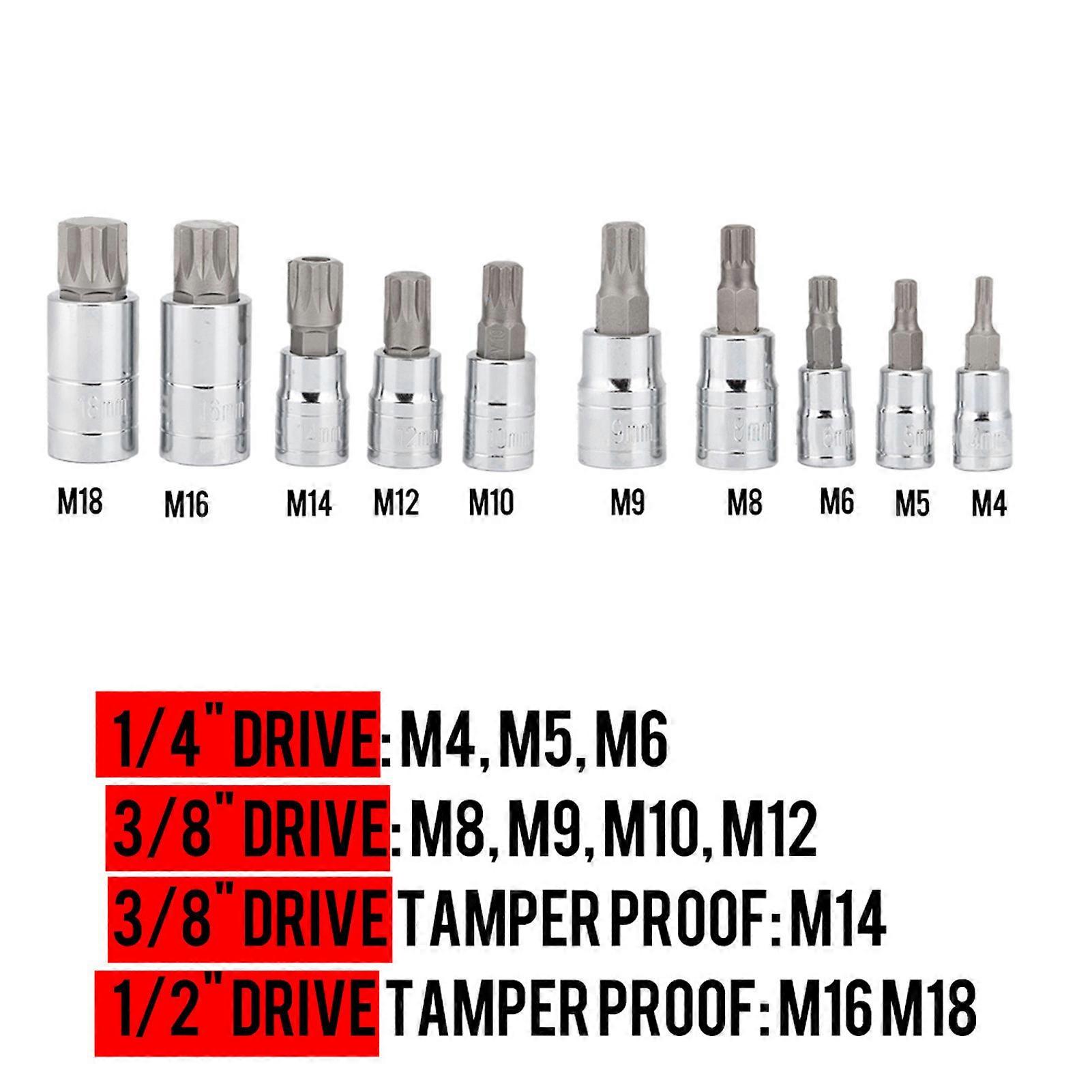 10Pcs 12 Point Triple Square Splined Bit Socket Set M4-M18 1/4" 3/8" 1/ ...