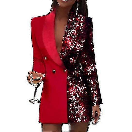 Women Fashion Colorblock Sequins Long Sleeve Double Breasted Bodycon ...
