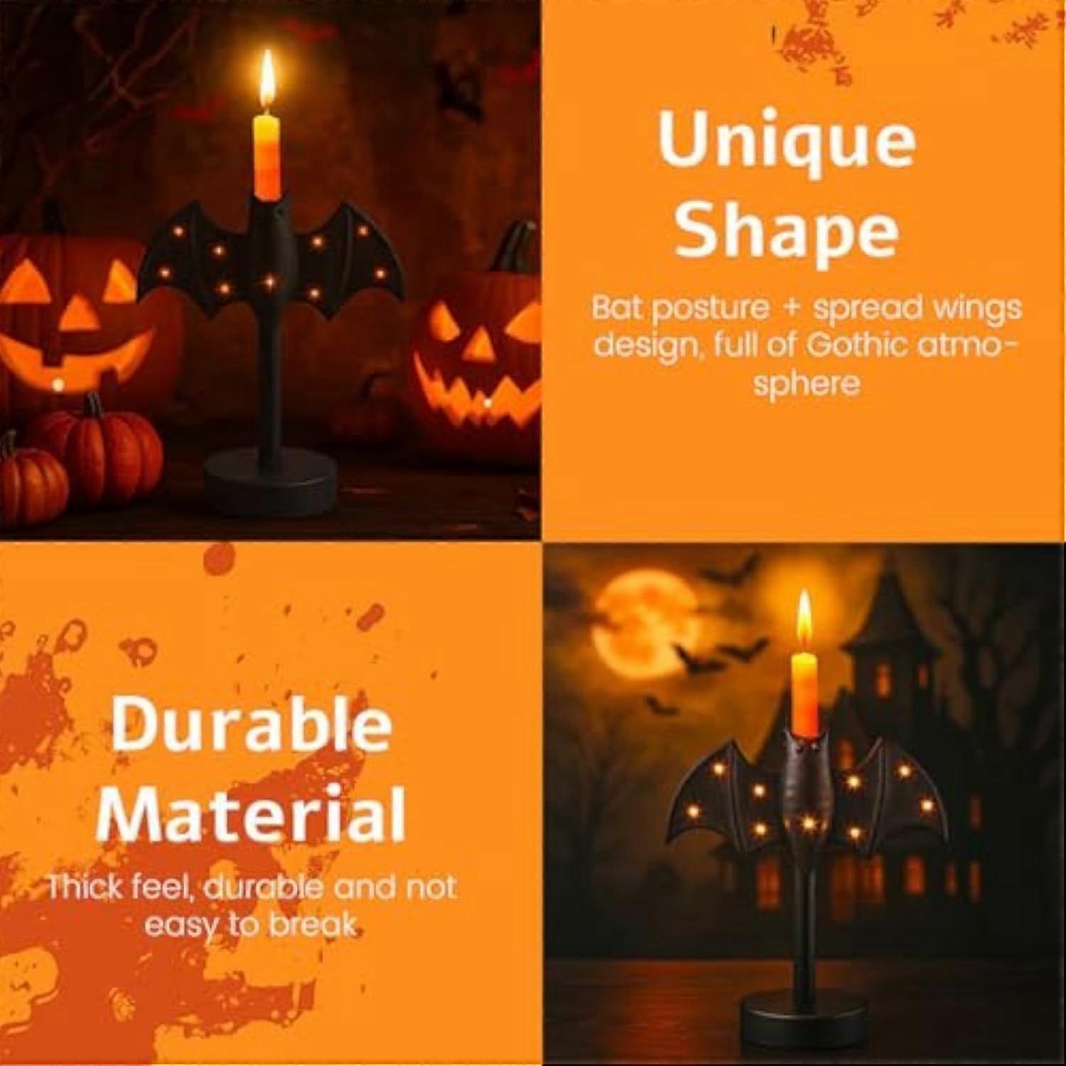 Twinkle Bat Candlestick, LED Candle Holder, Spooky Bat Design with Battery-Powered Ambient ...