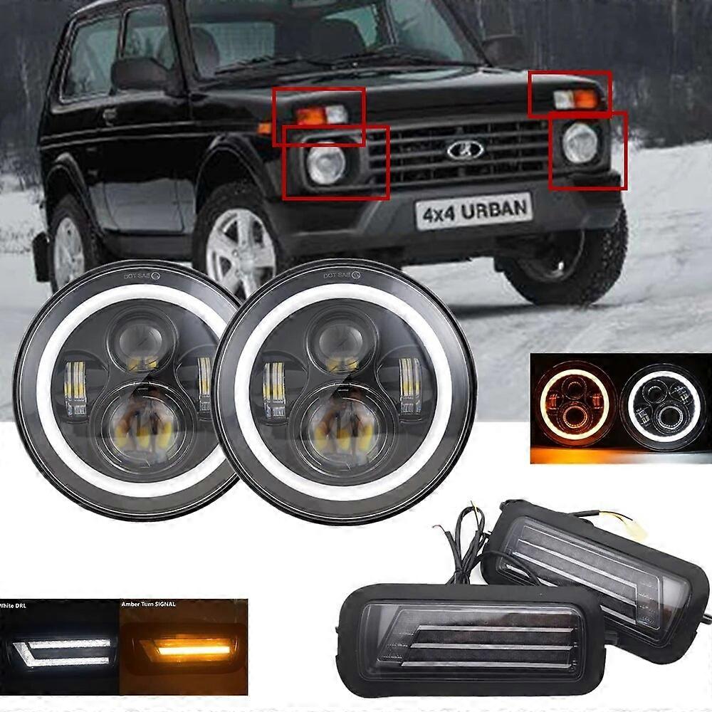 For Lada Niva 4x4 Led Headlight Round 7Inch Halo With Daytime Running ...
