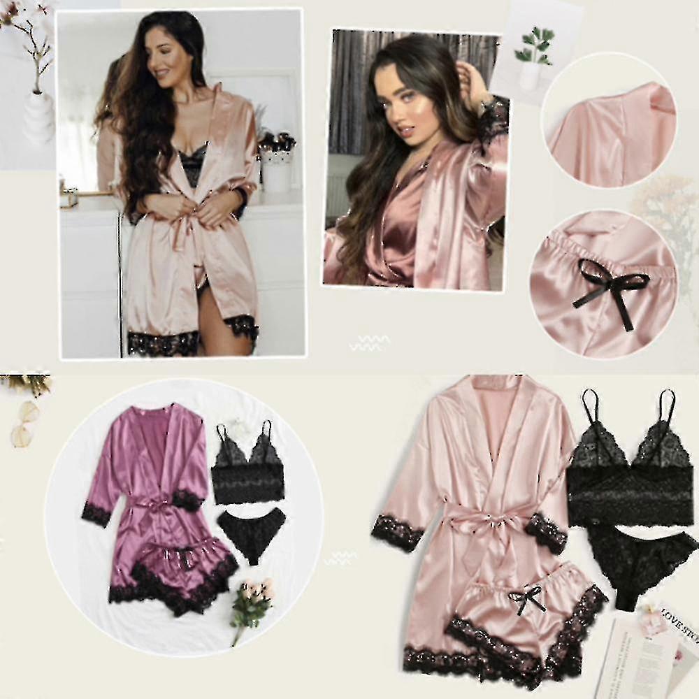 4 stykker Kvinders Satin Floral Lace Cami Top Lingerie Pyjamas Sæt Med ...