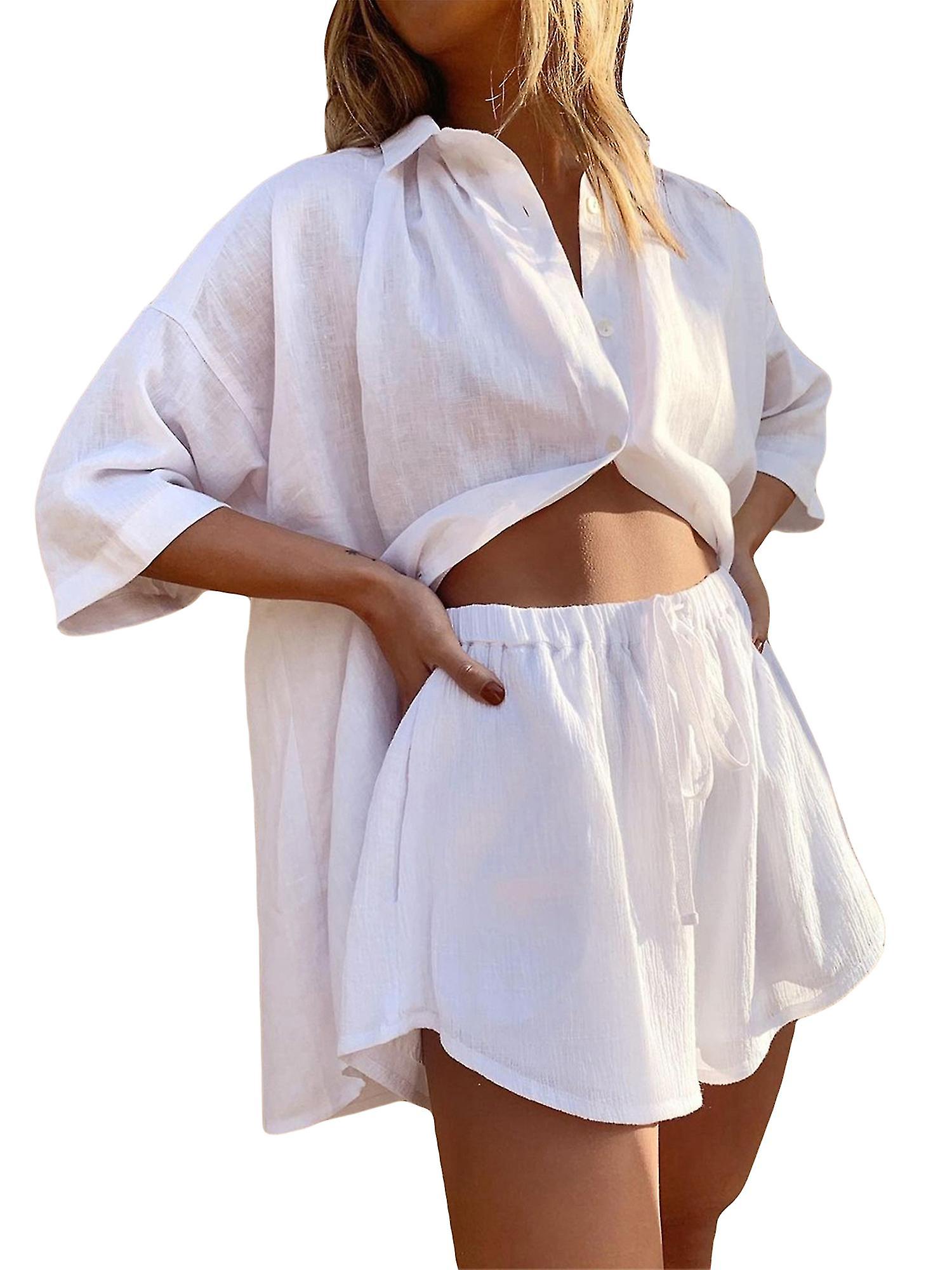 Women Cotton Linen Clothes Set Summer Solid Color Shirts Tops ...