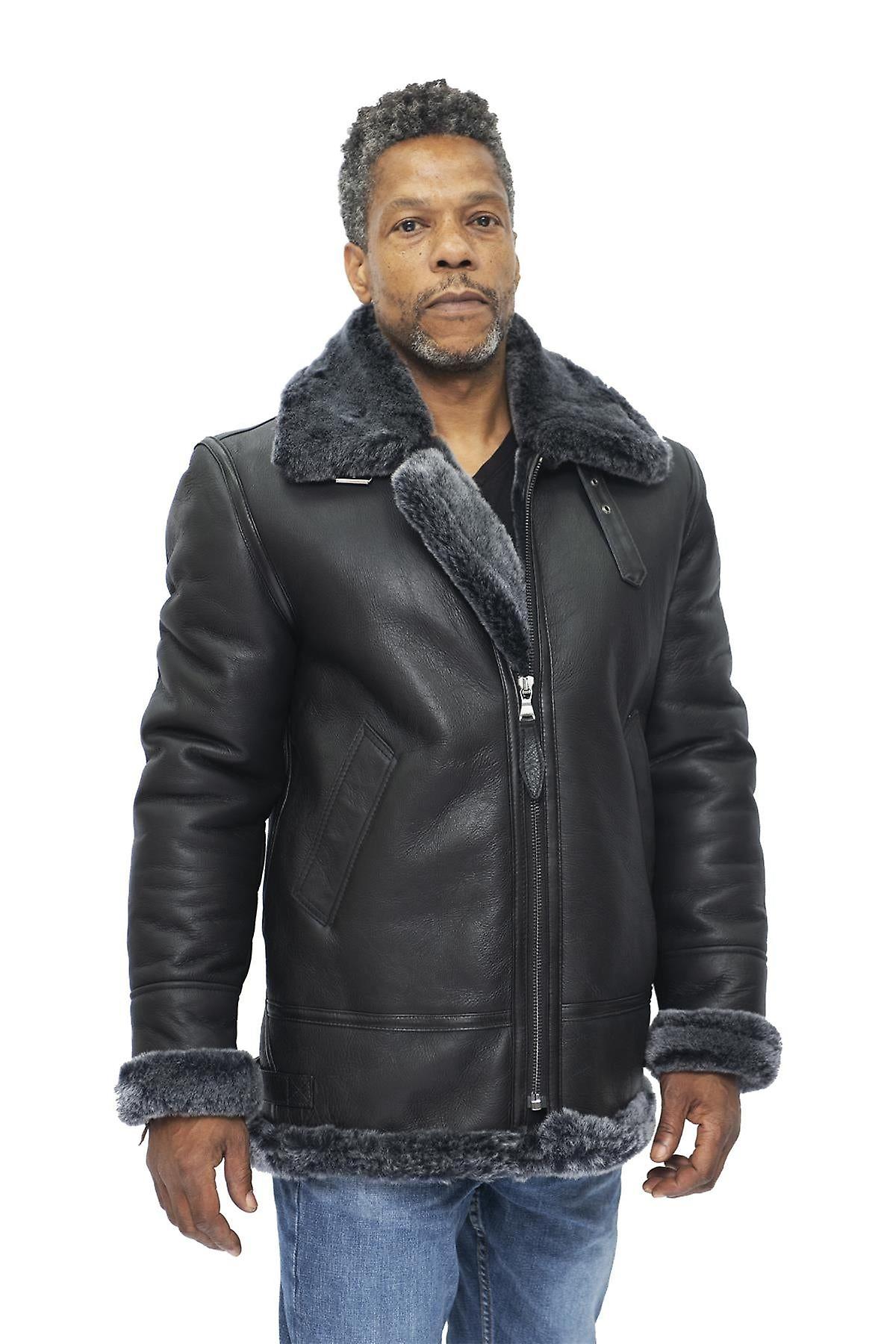 Men's Black B3 Sheepskin Shearling Aviator Pilot Flying Jacket | Fruugo UK
