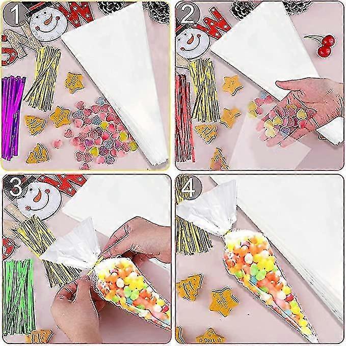 100pcs Clear Cone Bags, Sweets Cellophane Treat Bags, 25x13cm Plastic ...