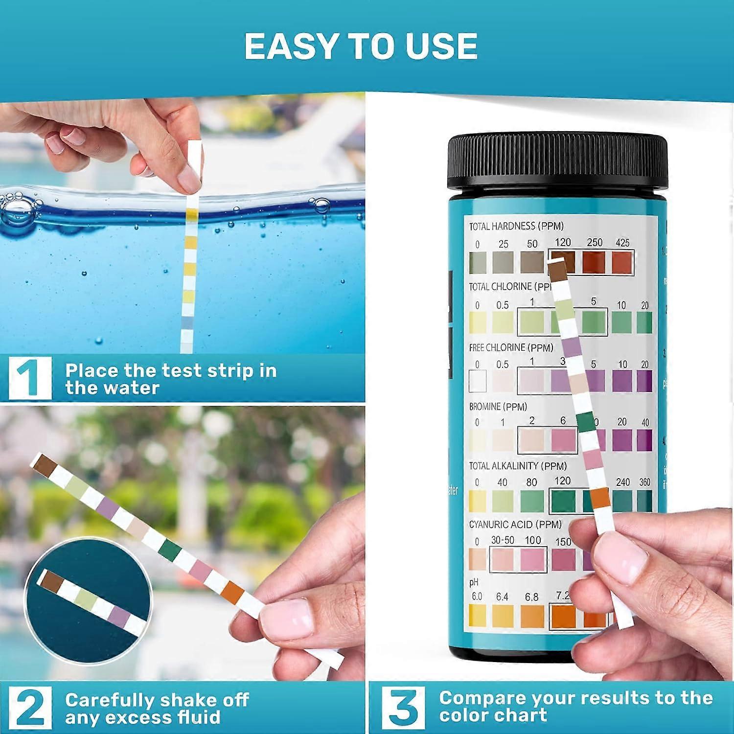 Pool and Spa Test Strips - 100 Strip Pack, Test pH, Chlorine, Bromine ...