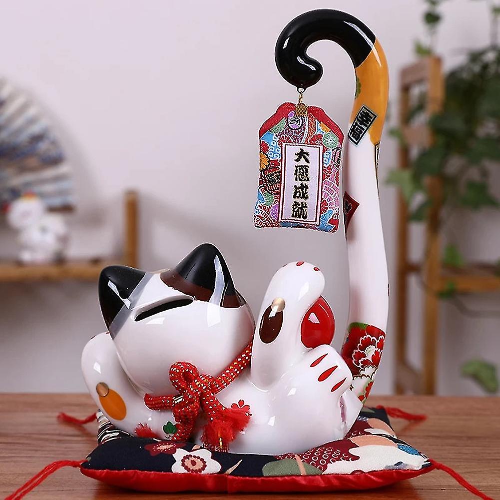8.6 Inch Ceramic Maneki Neko Money Box Coin Bank Japanese Long Tail ...