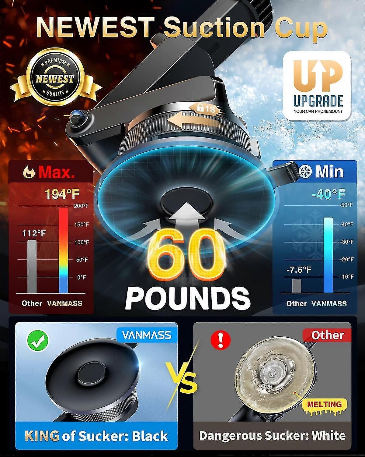 Car Phone Holder VANMASS [2023 Strongest Suction & Clip] Cell Phone Mount for Dashboard ...