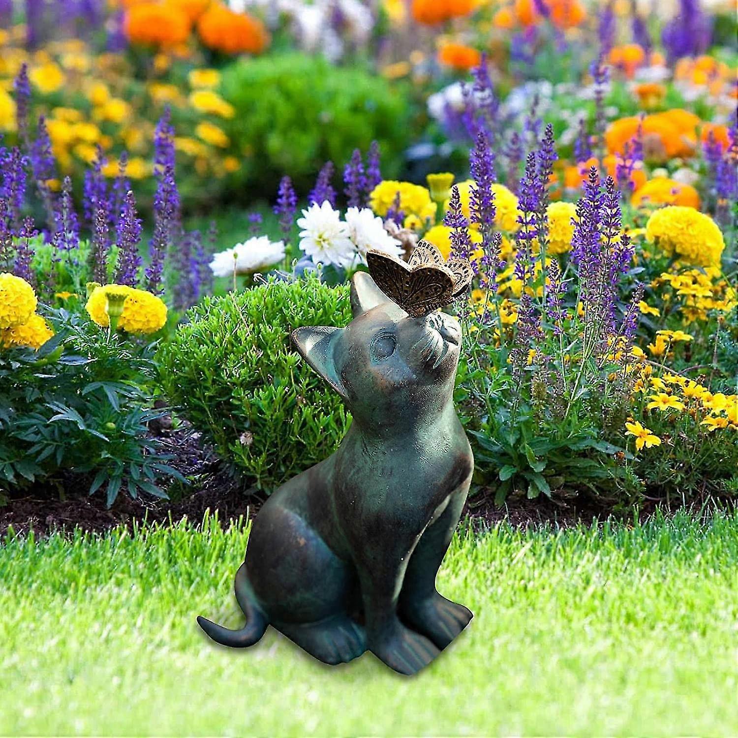 1pc Cat Garden Statue, Cat With Butterfly Figurine, Cat Sculpture ...