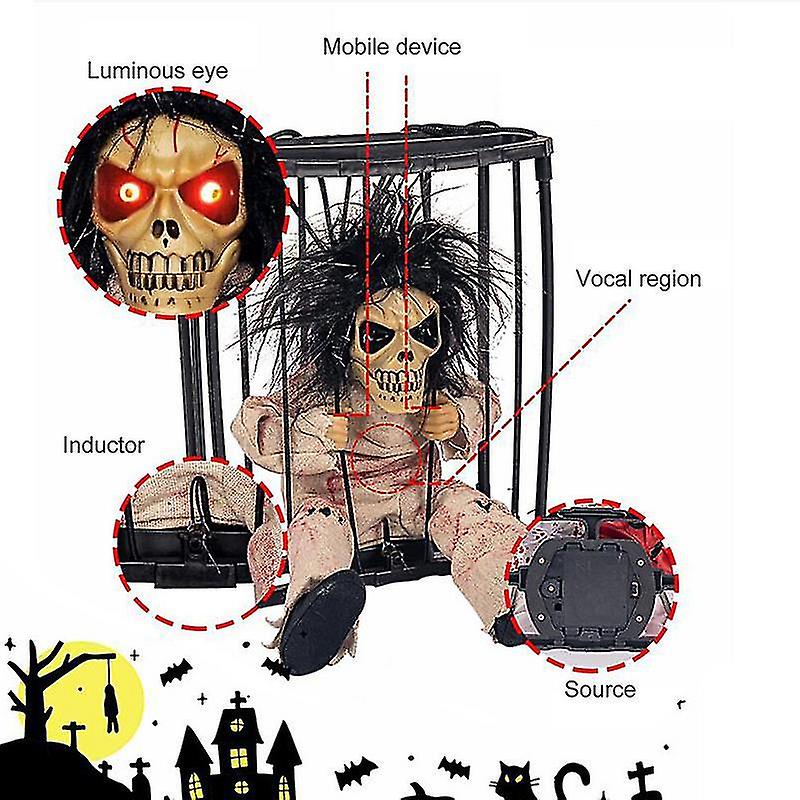Decoration Prisoner Ghost In Cage Scary Skull Prop Electric Skeleton ...