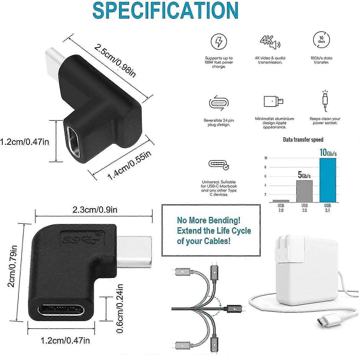 Usb C Angle Adapter [2 Pack] Usb C Type C Adapter 90 Degree Male To ...