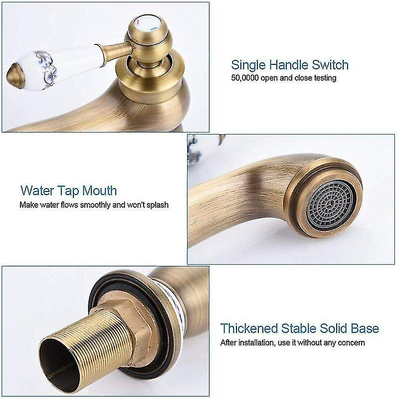 Blue And White Porcelain Vintage Floral Basin Faucet - Single Handle, Long Neck, Brass, Ceramic ...