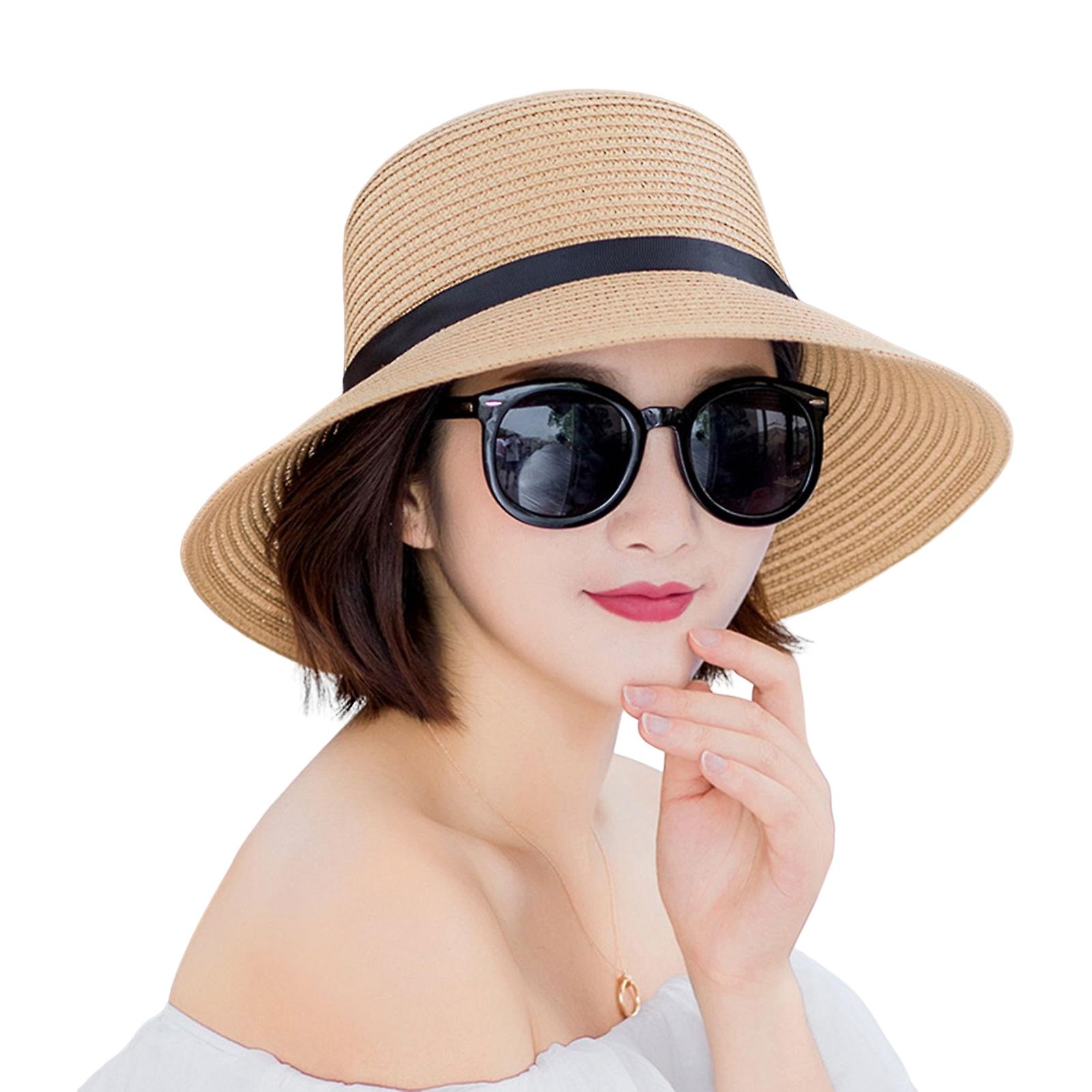 Women\'s Sun Protection Straw Hat Large Brim Round Top Summer Hat For ...