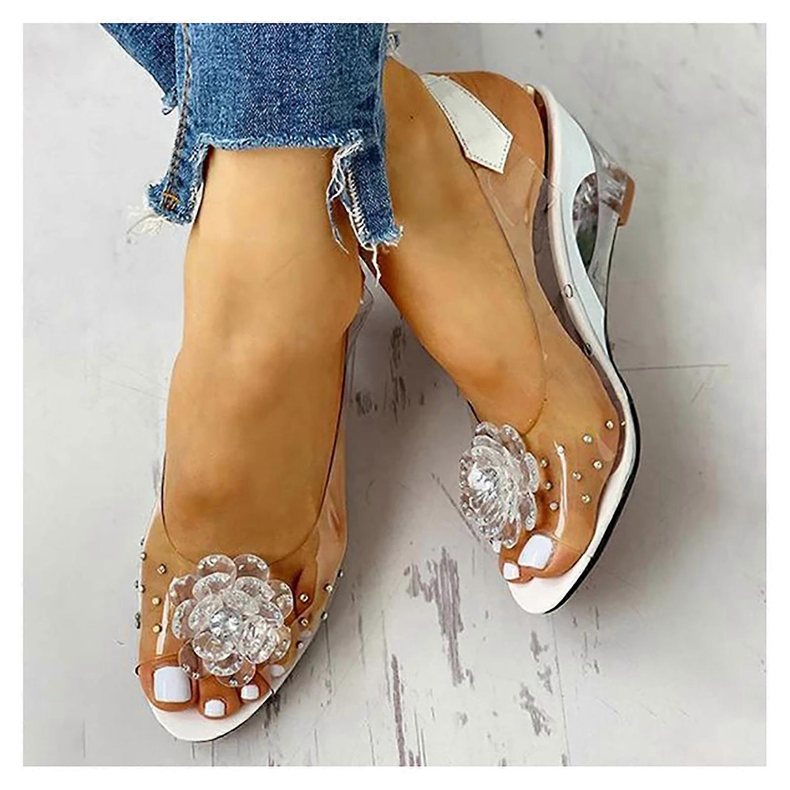 Studded Flower Design Transparent Sandals See-Through Rhinestone Wedge ...