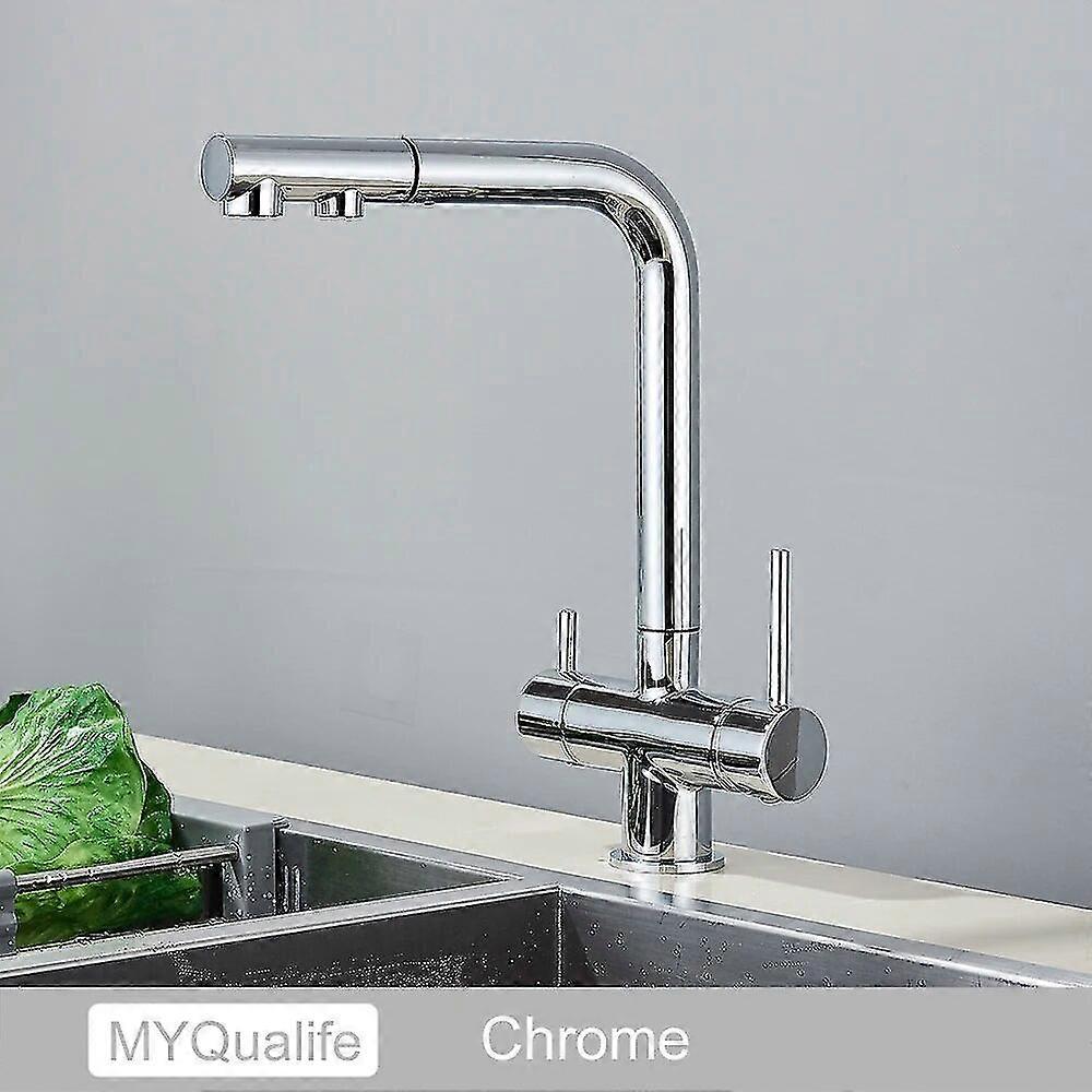 Chrome Brass Pull Out Filtered Kitchen Faucet Dual Handle Hot Cold ...