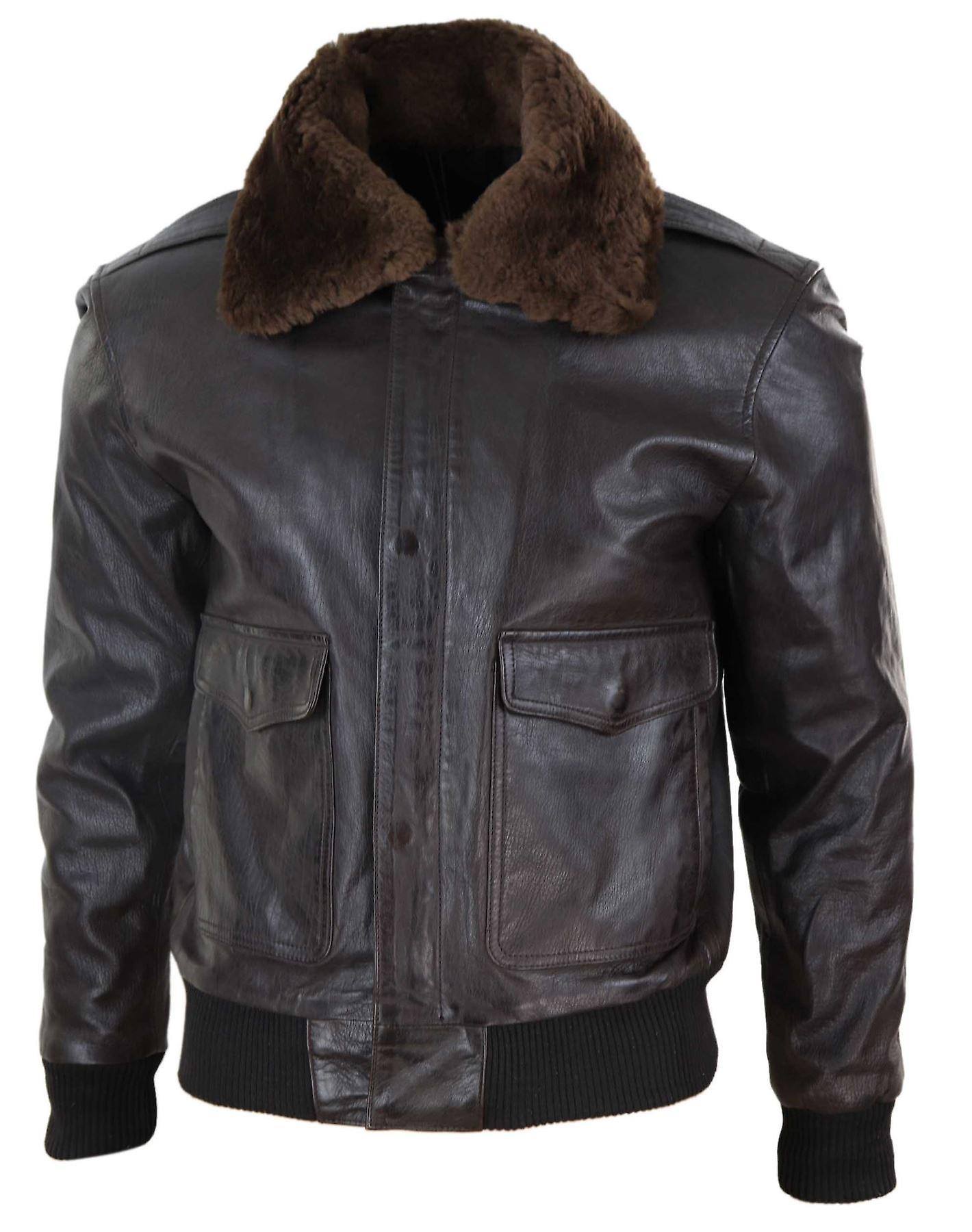 Men's Real Leather Aviator Bomber Jacket Removable Fur Collar Pilot ...