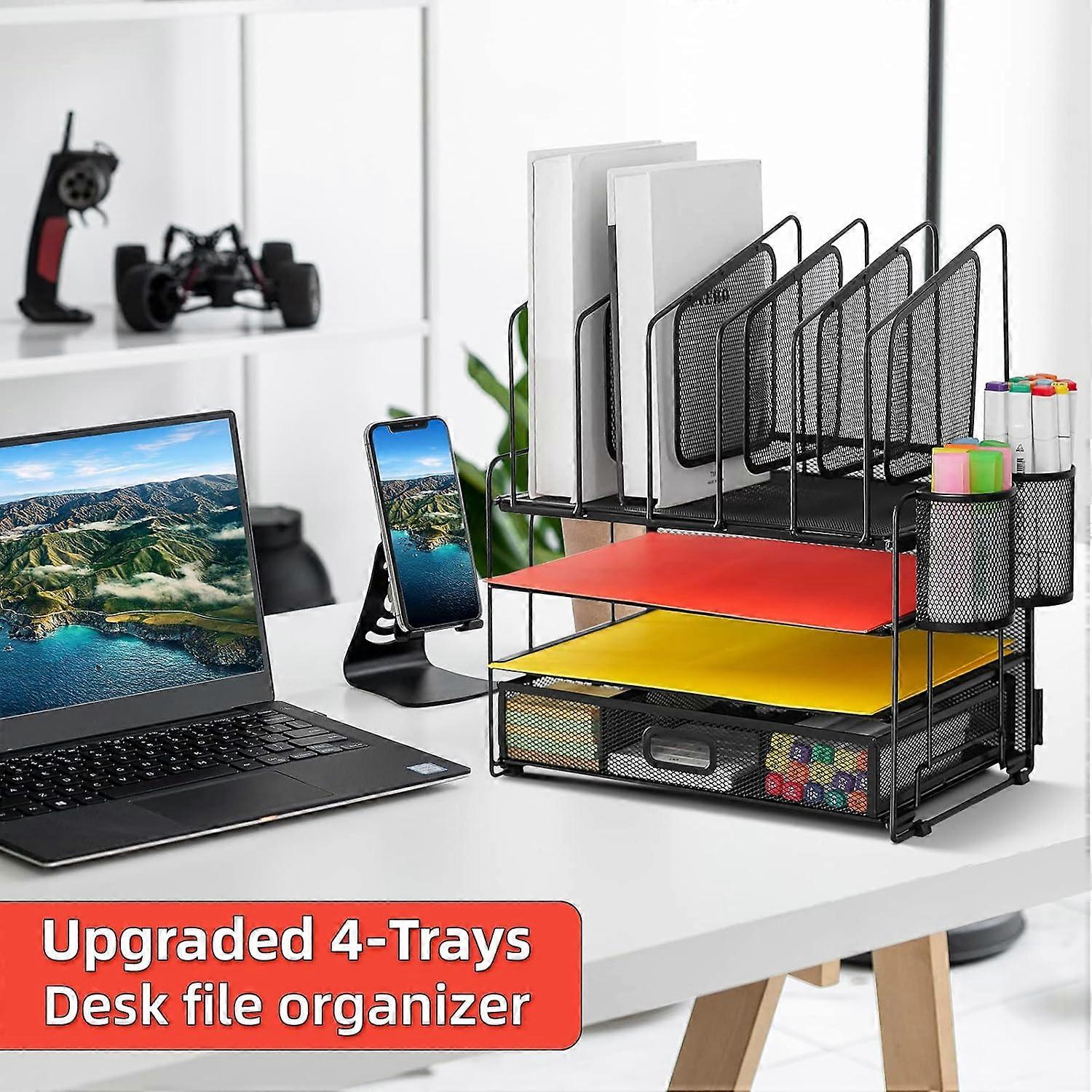 Desk Organizer with Drawer, 4-Tier Mesh Desk File Organizer with 5 ...