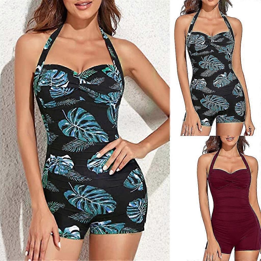 Halter-ruched Swimsuit Vintage Push Up Monokini Womens One Piece ...