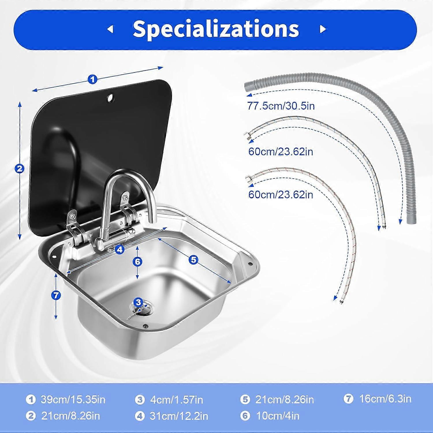 RV Kitchen Sink with Folding Faucet and Glass Lid, Stainless Steel ...