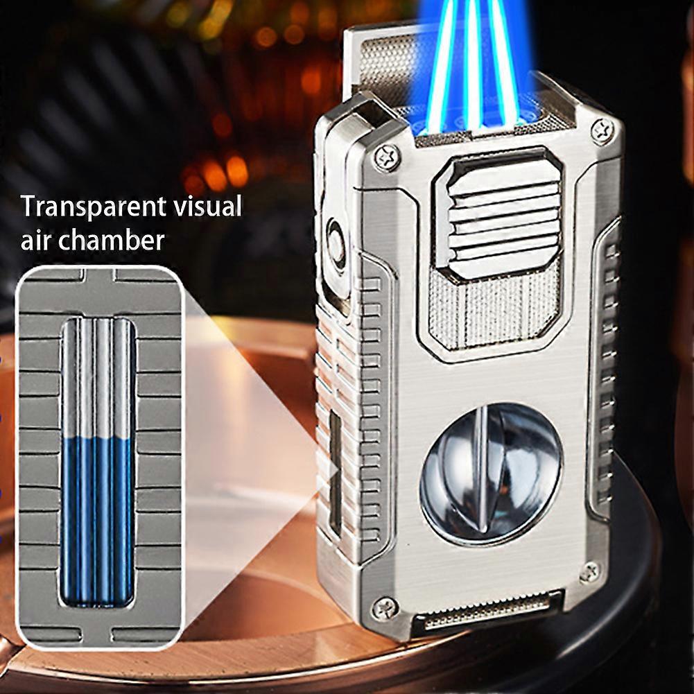 5-in-1 Cigar Lighter with V-Cutter & Punch & Draw Enhancer - Triple Jet Flame Refillable Butane ...