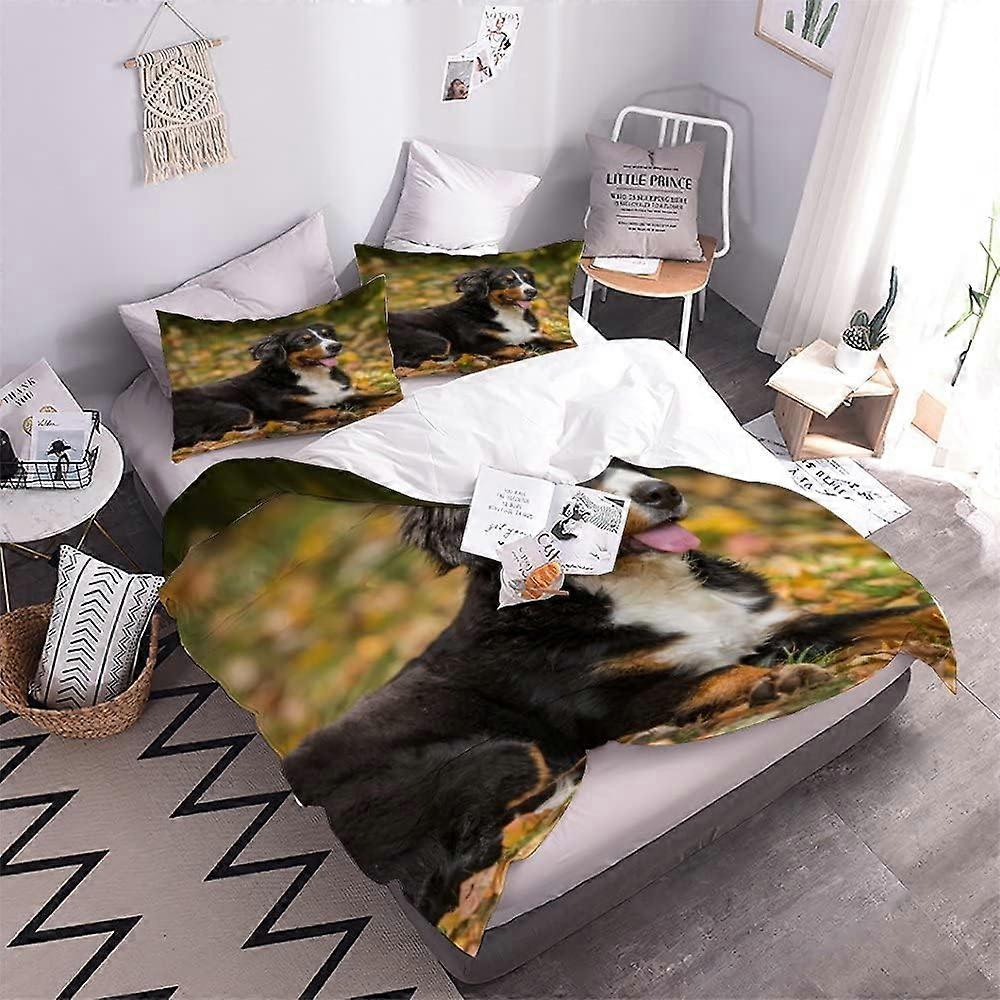 3D Pet Dog Duvet Cover, Bernese Mountain Dog Puppy Bedding Set, Green Lawn Animal Dog Duvet ...