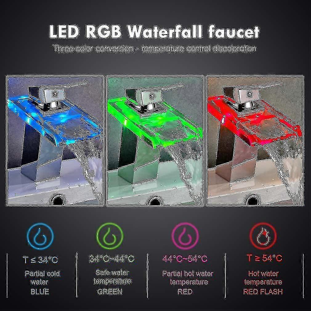 Basin Faucet With Rgb Led Waterfall Bathroom Mixer Tap With 3 Color ...