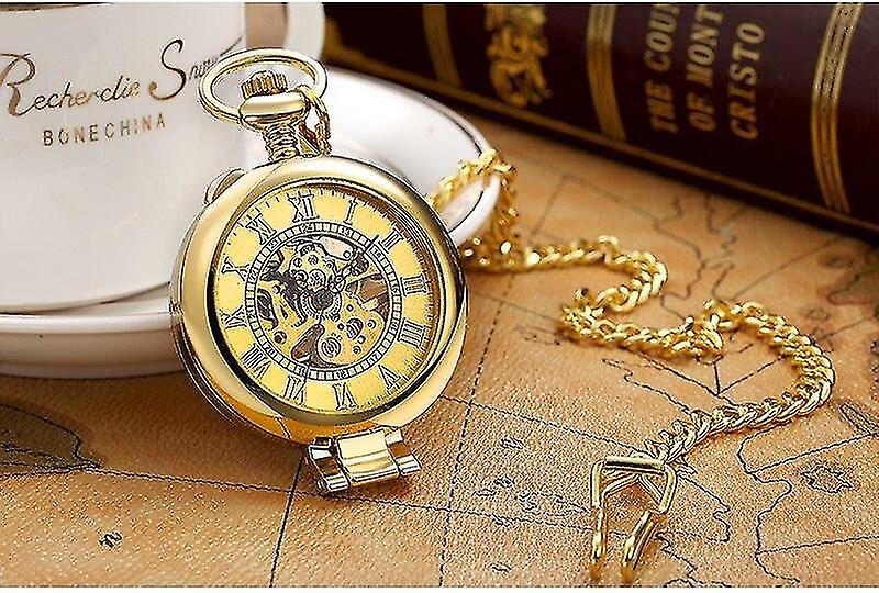 Luxury Golden Mechanical Pocket Watch Skeleton Roman Numerals Dial ...