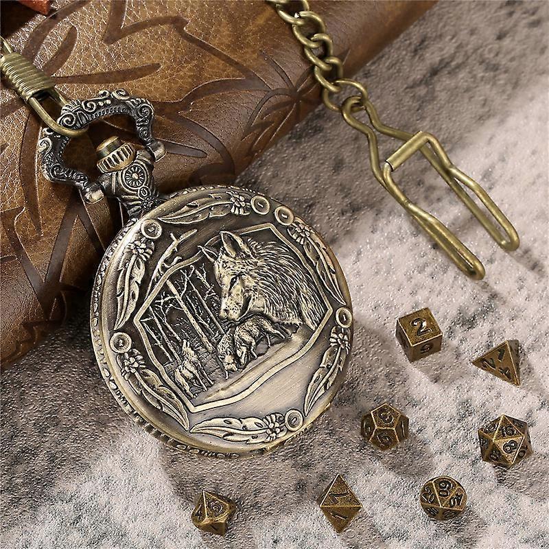 Wolf Pocket Watch Dice, Dnd Dice, 7pcs Metal Dice Wolf Pendant Chain ...