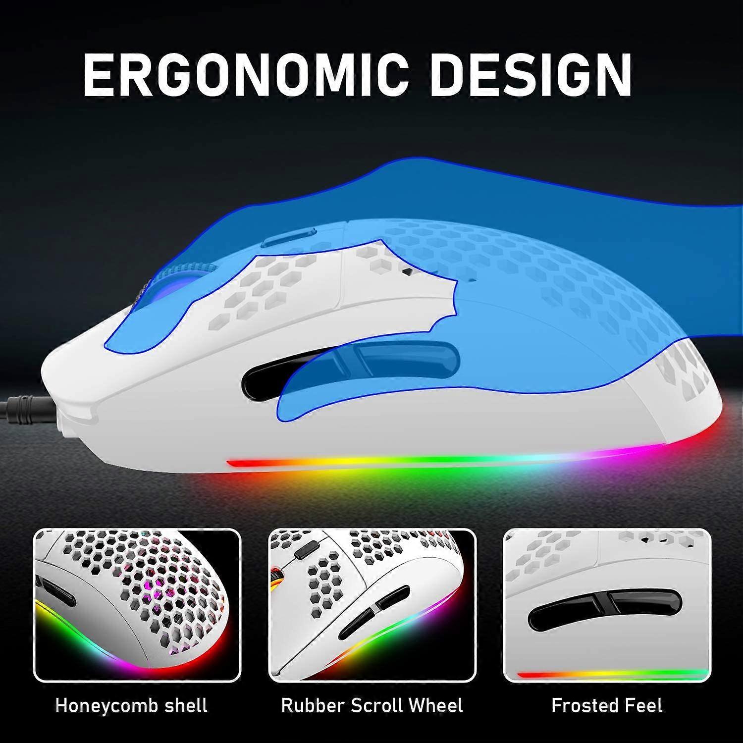 Wired Lightweight Gaming Mouse, 6 RGB Backlit Mouse with 7 Button Programmable Drivers, 6400DPI ...