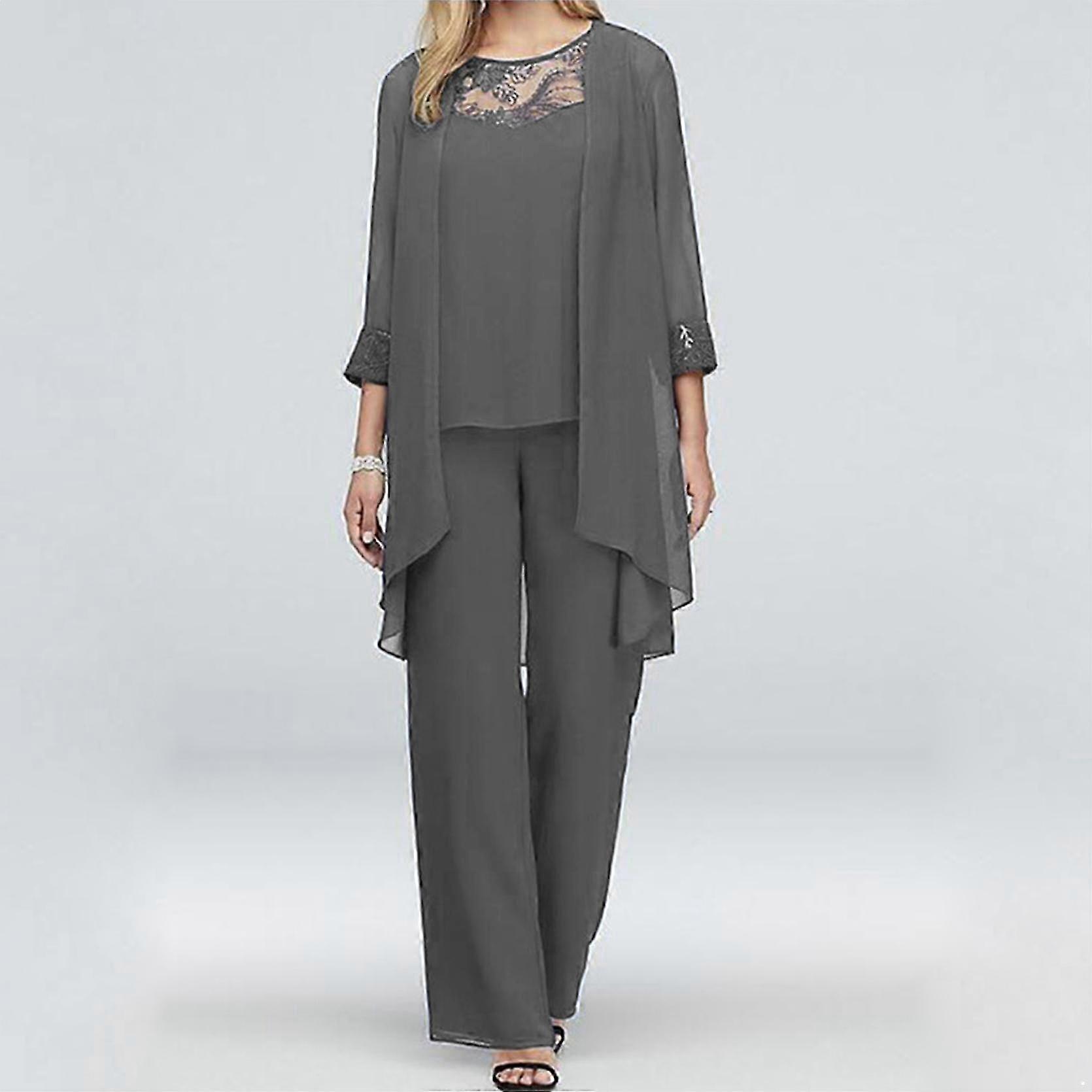 Elegant 3-Piece Mother of the Bride Pant Suit Set Chiffon Evening Gown ...