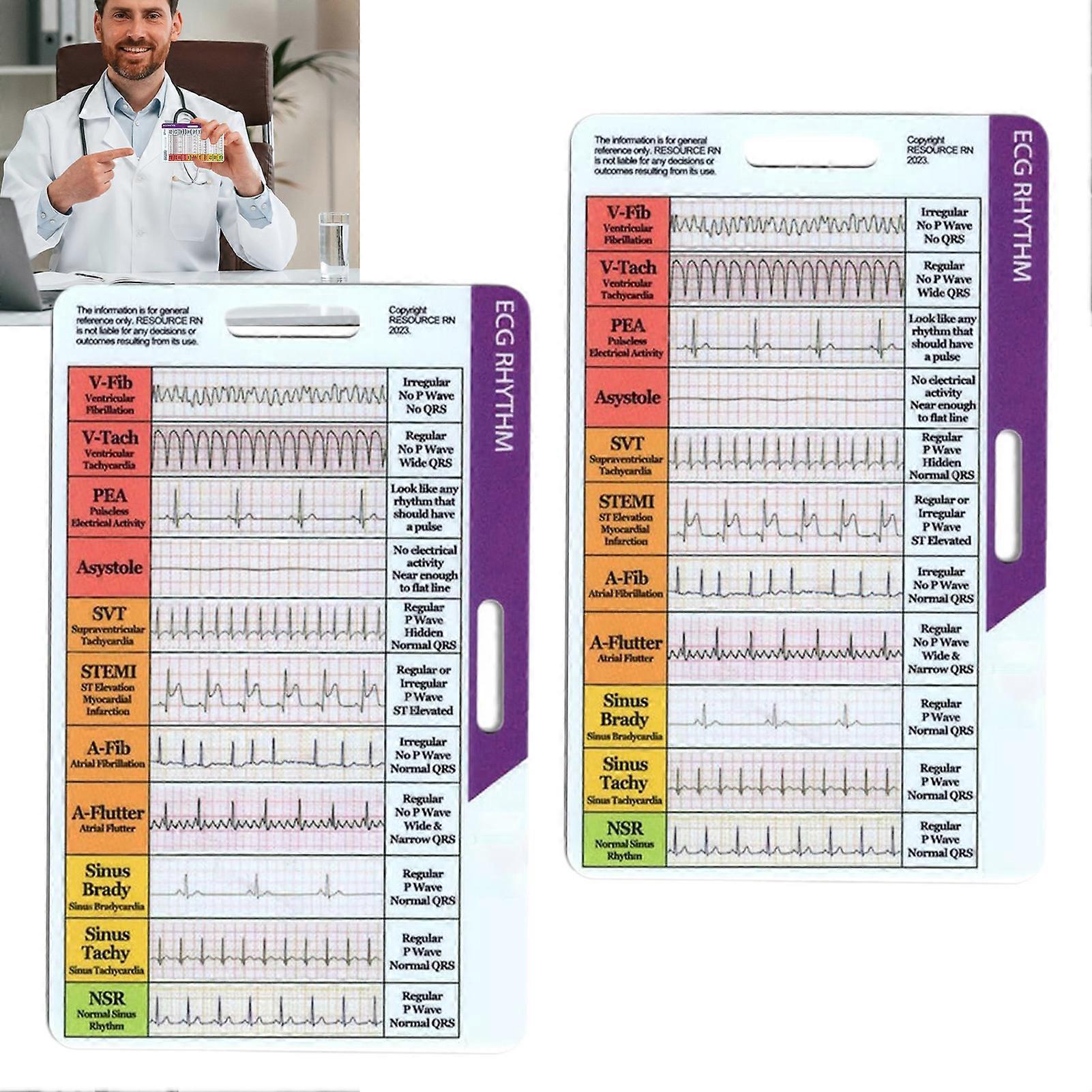 ECG/EKG Rhythm Pocket Card, Double Sided Design EKG Rhythm Interpretation Badge Card ECG Rate ...