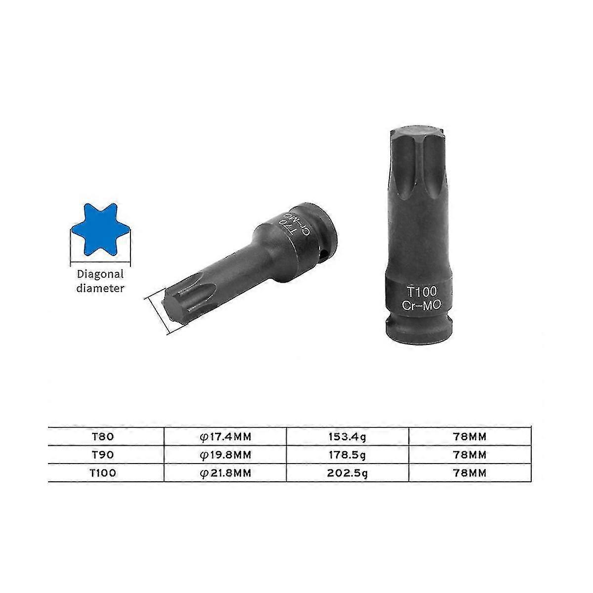 3 Pieces Of 1/2 T80 T90 T100 Hexagonal Torx Socket Tool Set Pneumatic ...