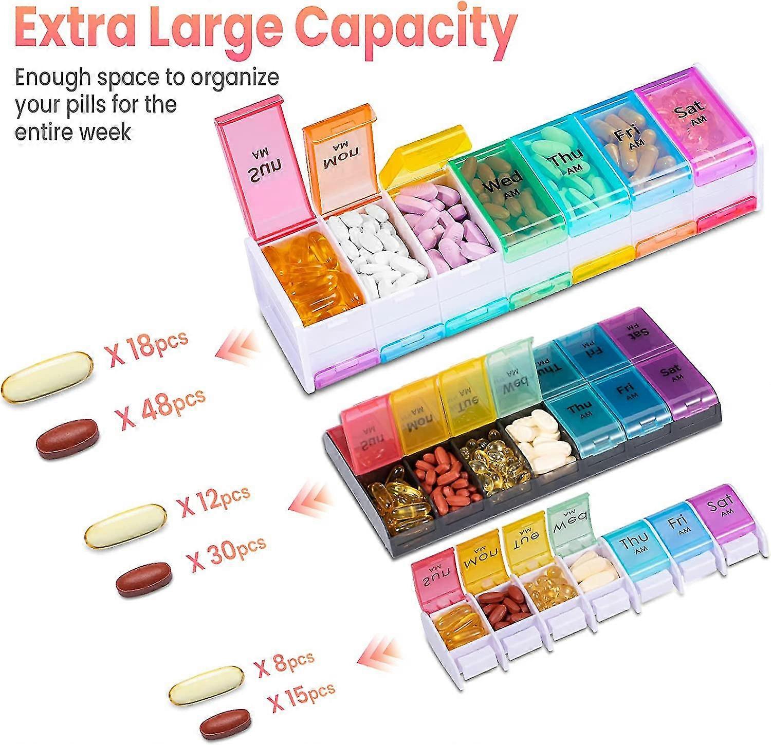 Extra Large Weekly Pill Organizer - 7 Day Pill Box, 14 cells Am Pm Pill ...