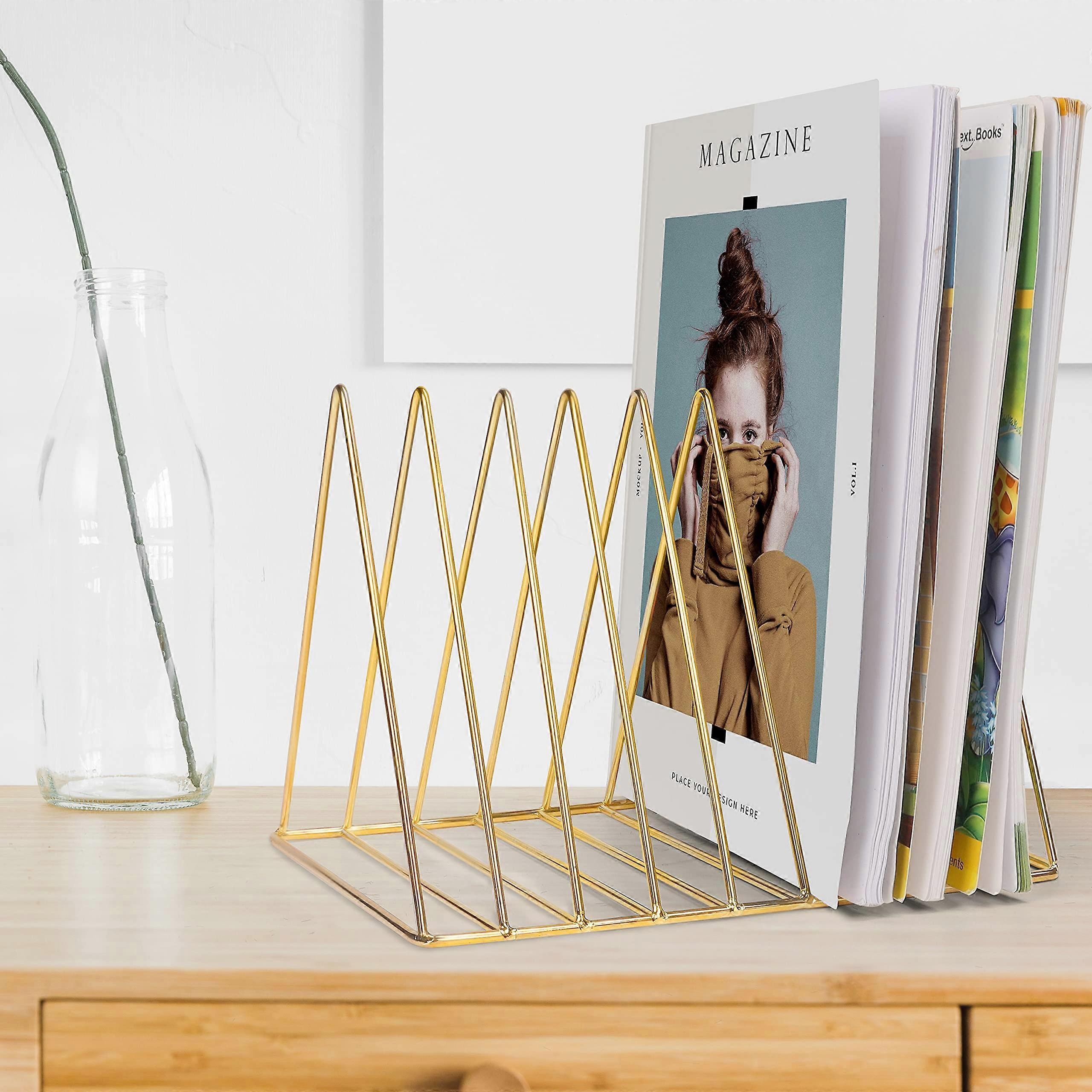 Metal Gold Magazine Holder Rack - 9 Slot Triangle Desktop Organiser for ...