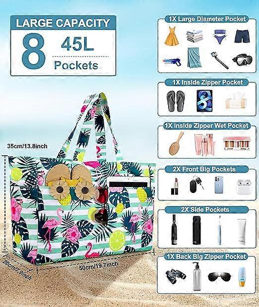 Large Beach Bag, Waterproof Beach Bags with Zip, Lightweight Foldable ...