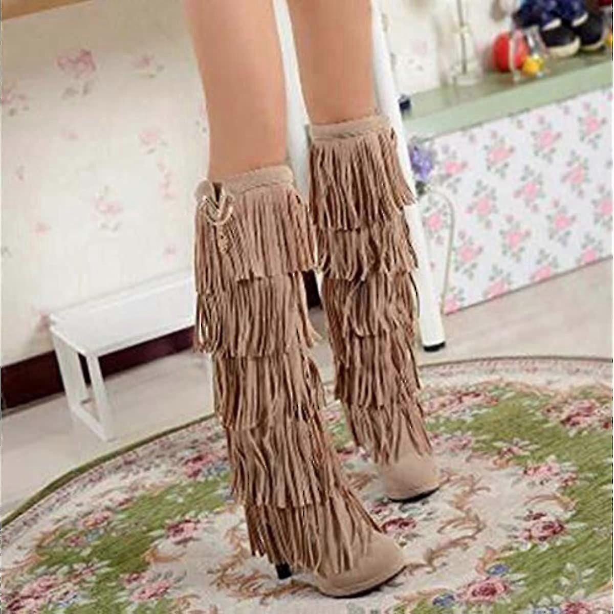 Bubumei Womens Fringe Tassel Stiletto Boots Faux Suede Moccasin High ...