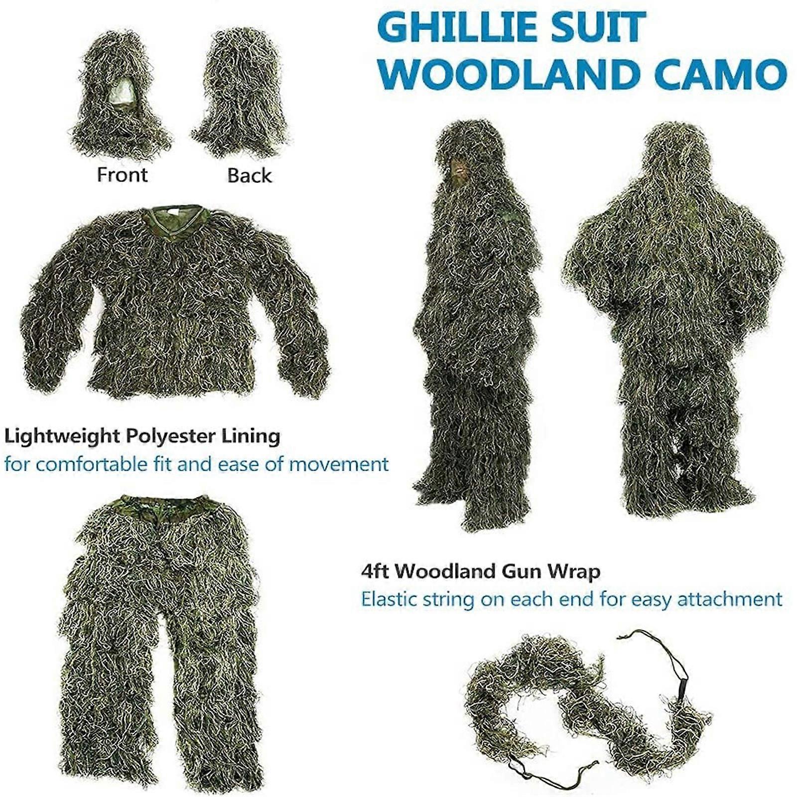 5 In 1 Ghillie Suit, 3D Camouflage Hunting Apparel Including Jacket, Pants, Hood, Carry Bag ...
