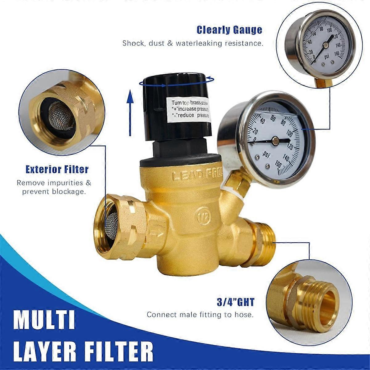 RV Water Pressure Regulator, Adjustable Handle Brass Water Pressure ...