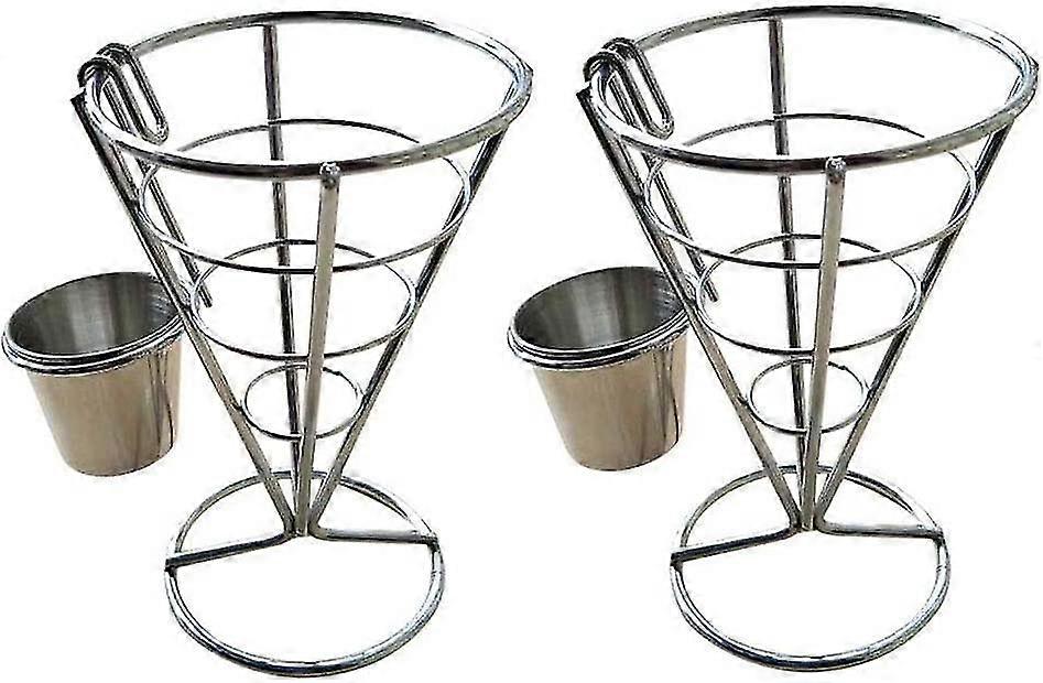 2pcs French Fries Stand Cone Basket Fry Holder With Sauce Dippers Metal ...