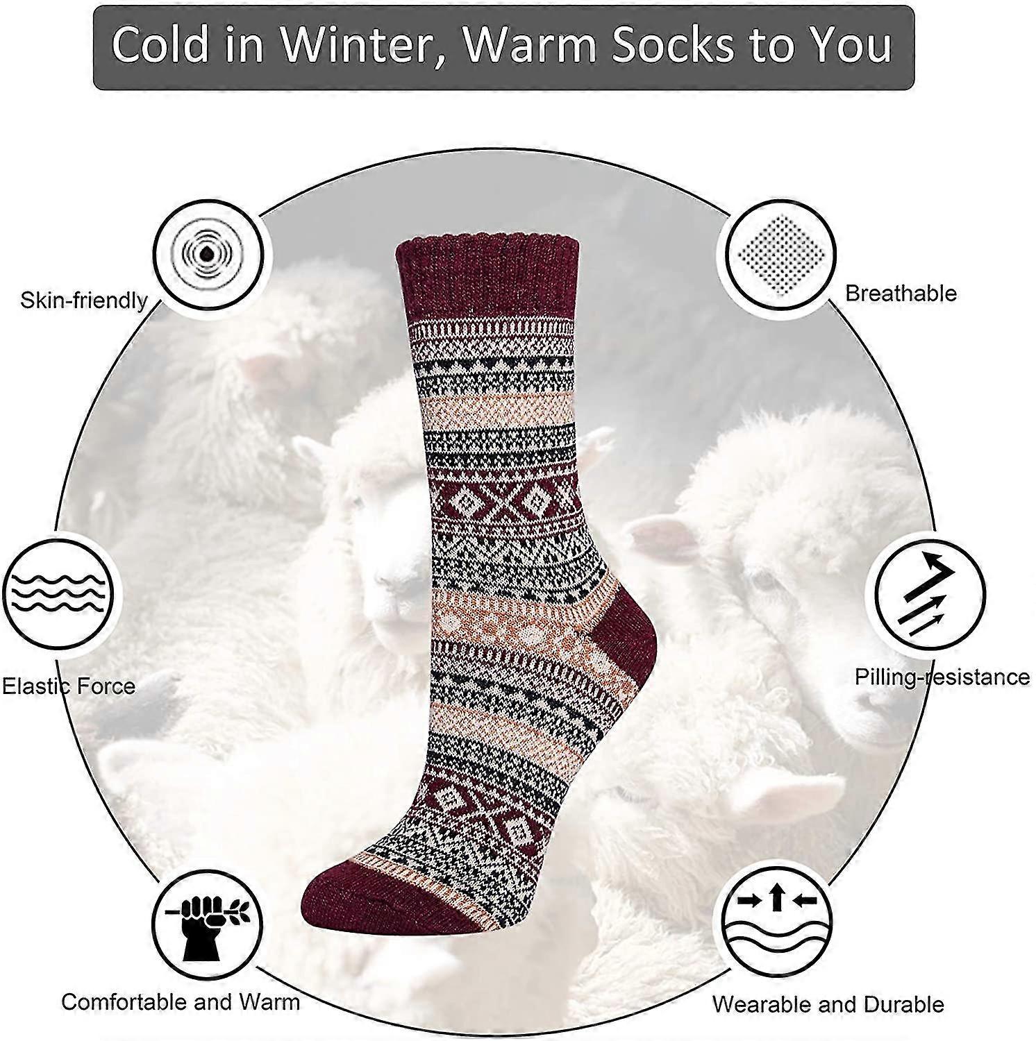 5 Pack Womens Wool Socks Winter Warm Socks Thick Knit Cabin Cozy Crew ...
